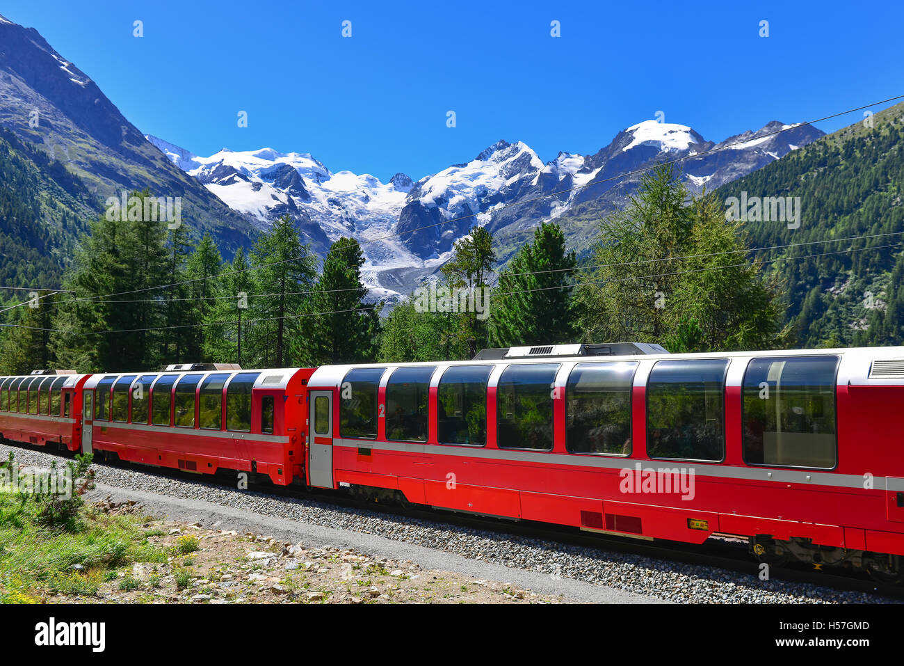 Swiss mountain train Bernina Express crossed Alps with glaciers in the ...