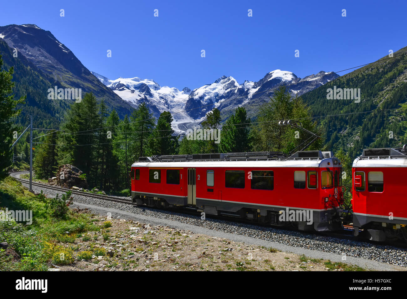 Swiss mountain train Bernina Express crossed Alps with glaciers in the ...