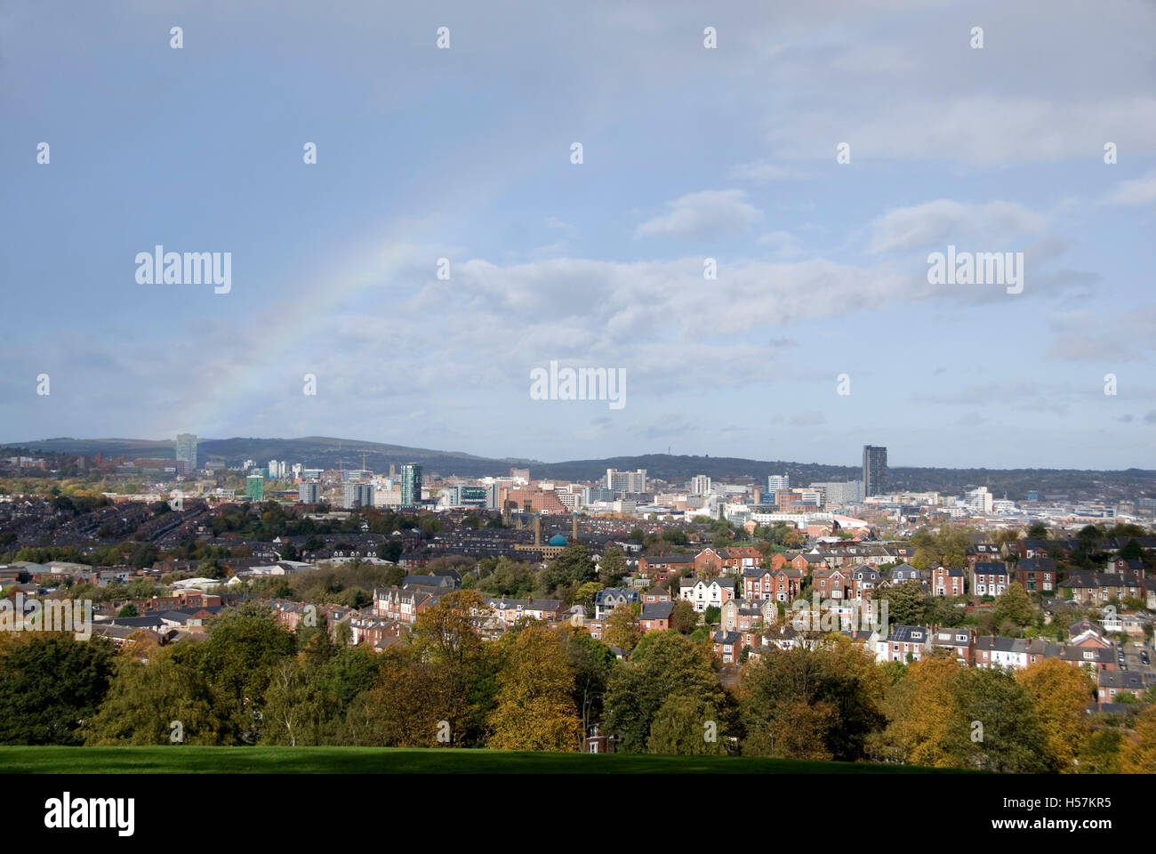 Sheffield, UK 19 Oct 2014: Rainbow over the city strikes Sheffield ...