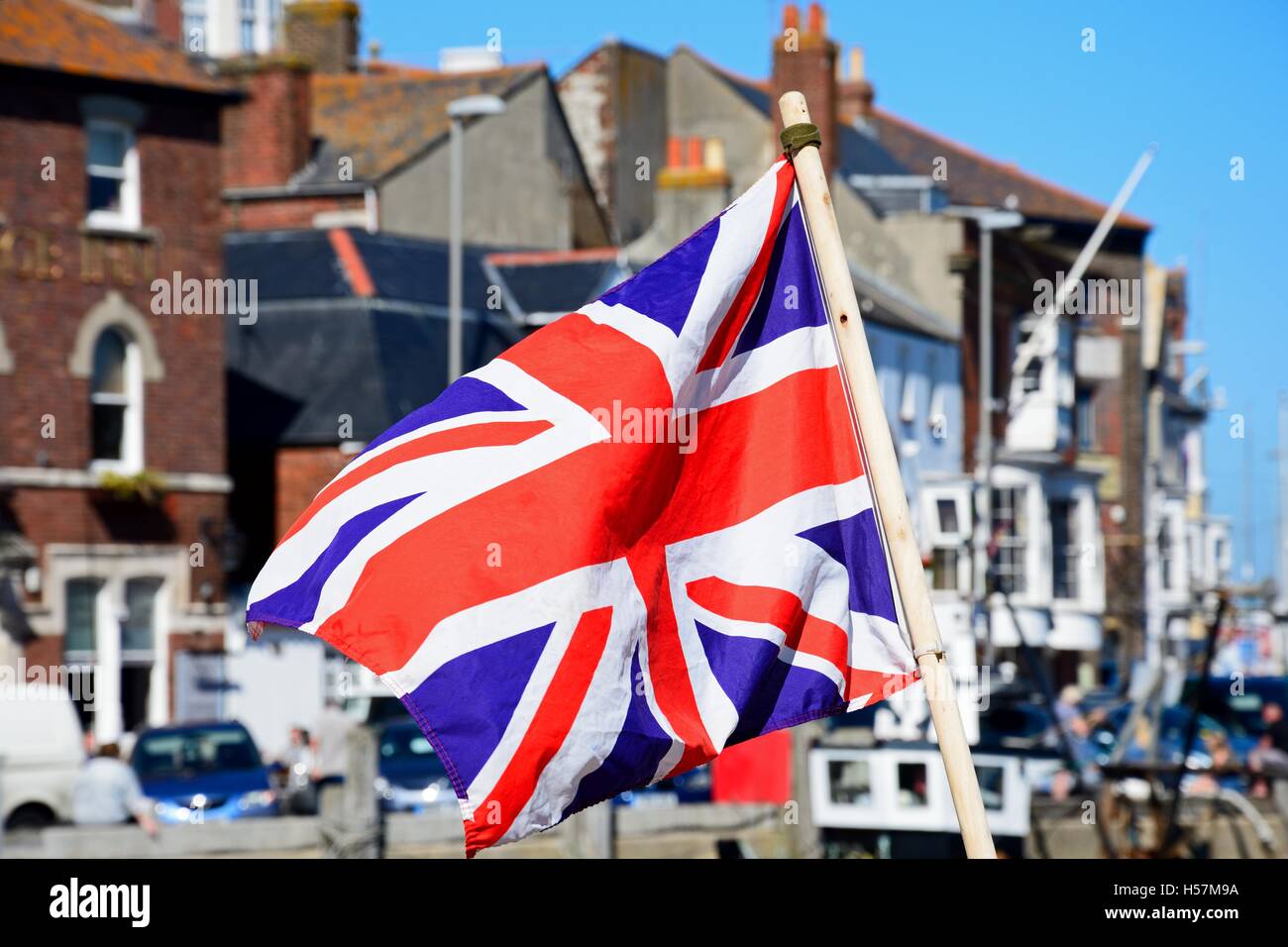 Union Jack flag in the harbour, Weymouth, Dorset, England, UK, Western ...