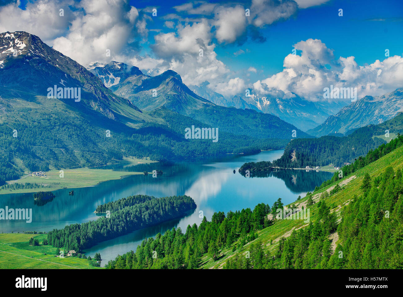 The Engadine Valley in Switzerland with its lakes in the summer Stock ...