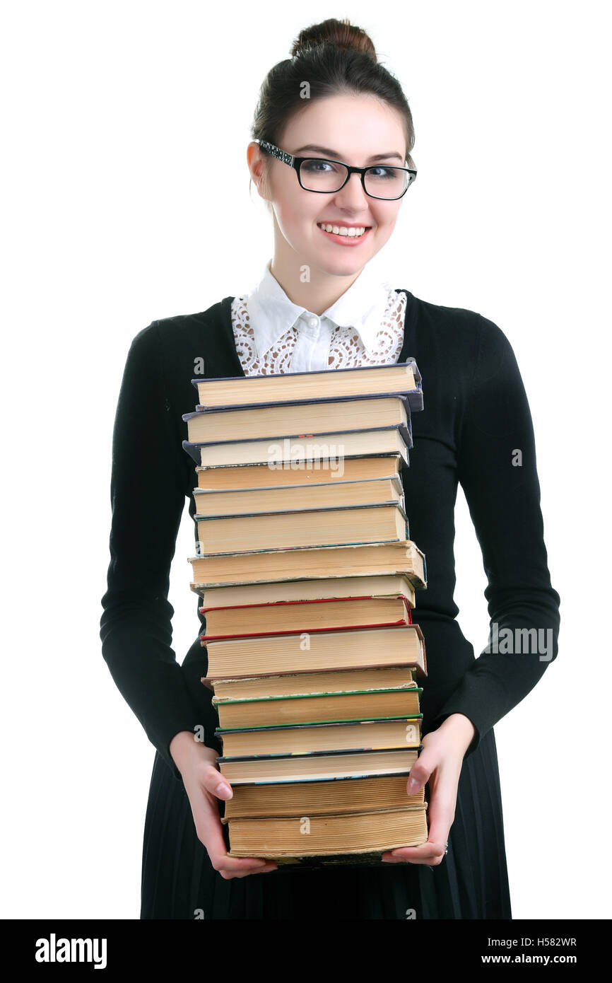 Young woman with books pile isolated on white Stock Photo - Alamy