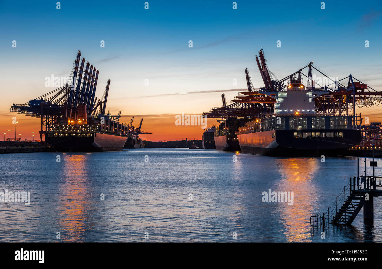 Panorama of Container Ships at the Hamburg Container Port in the Light ...