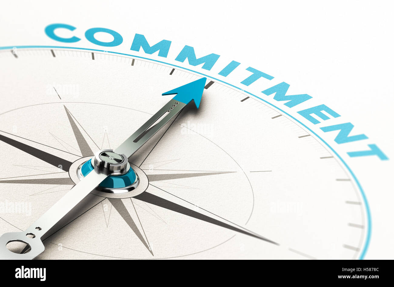 Conceptual compass with needle pointing the word commitment. 3D ...
