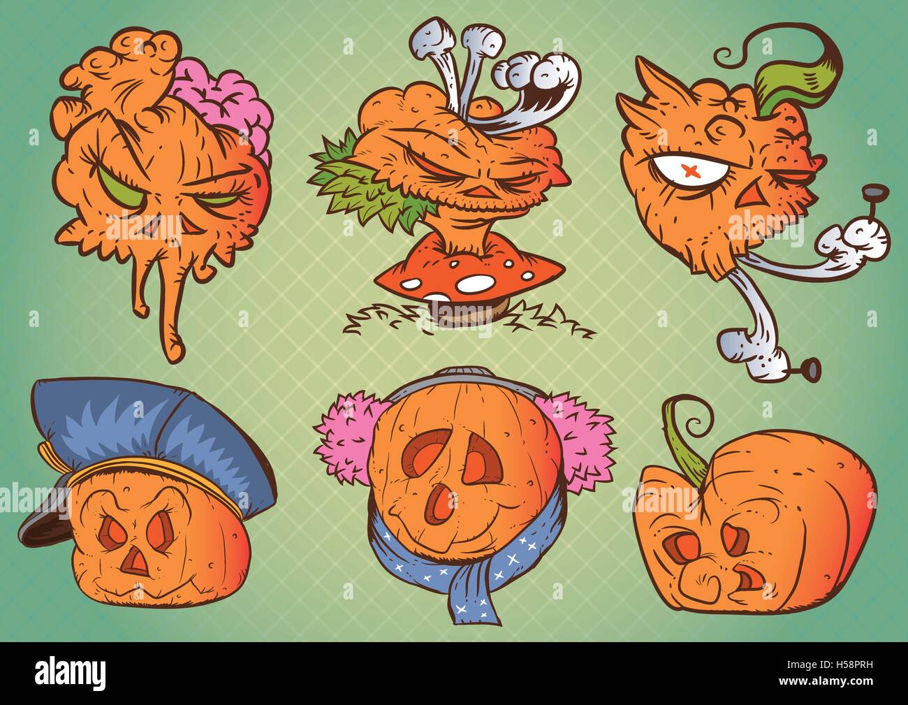 Comic illustrations of Halloween themed pumpkin head face characters ...