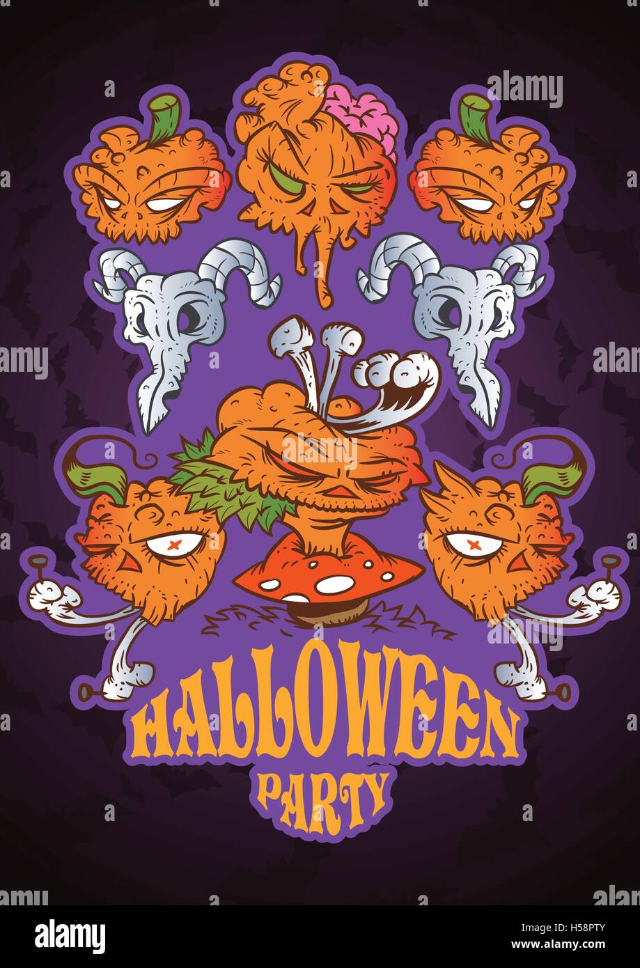 Comic illustrations of Halloween themed pumpkin head face characters ...