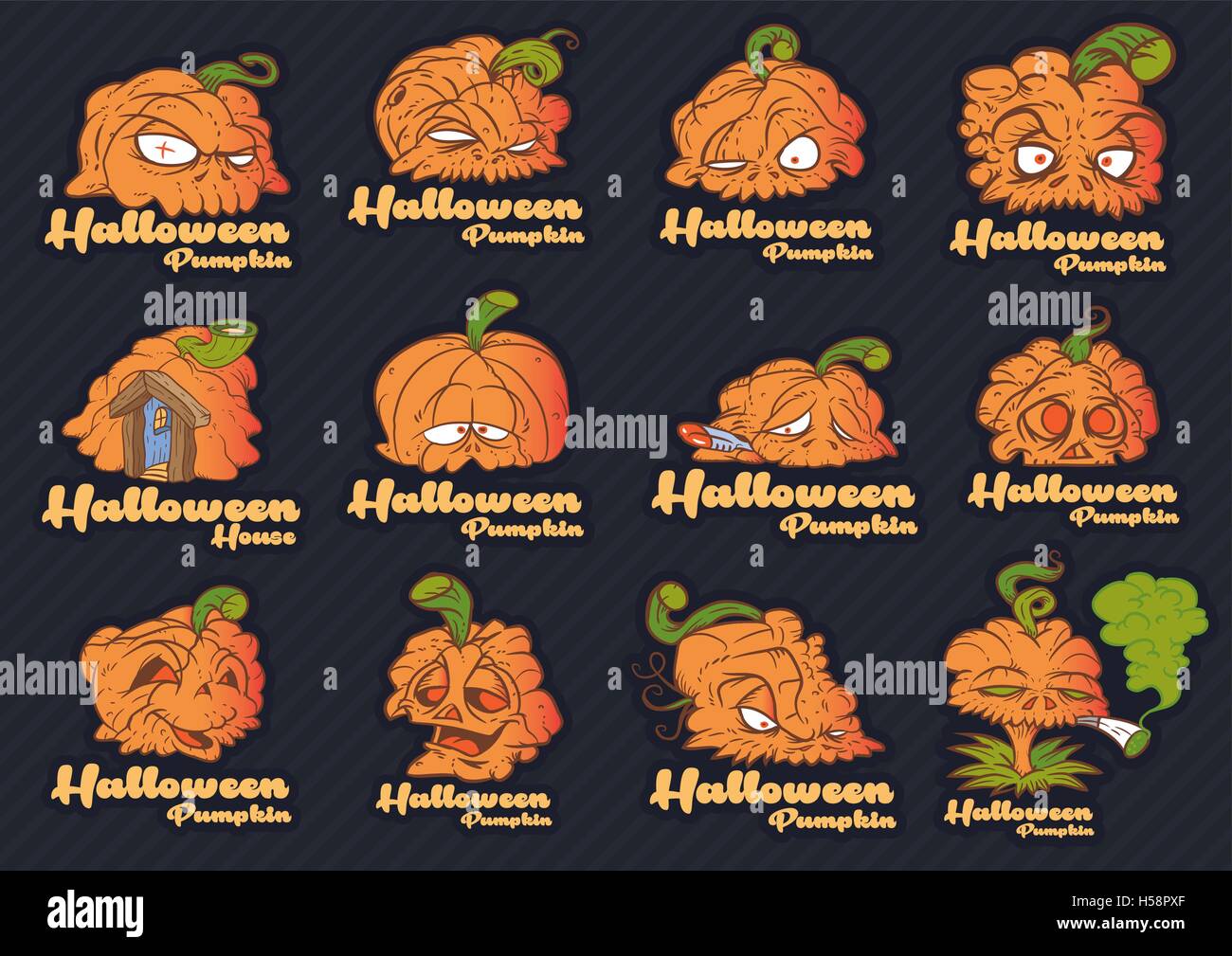 Comic illustrations of Halloween themed pumpkin head face characters ...