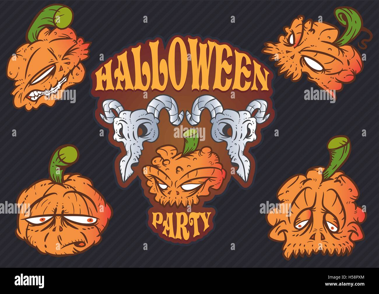 Comic illustrations of Halloween themed pumpkin head face characters ...