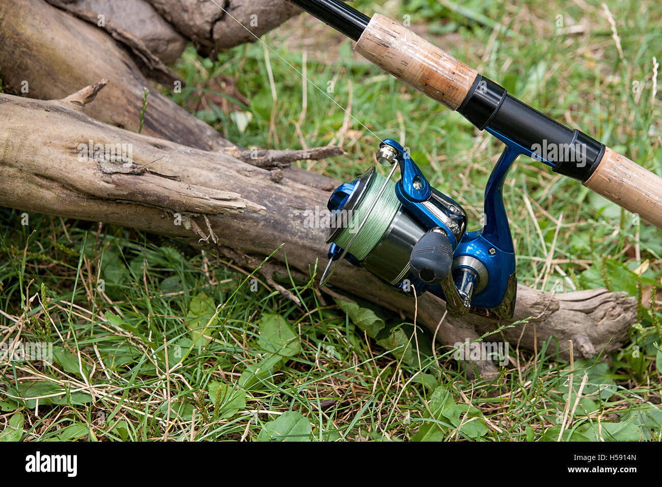 Fishing rods with reels on the natural background. Angler equipment ...