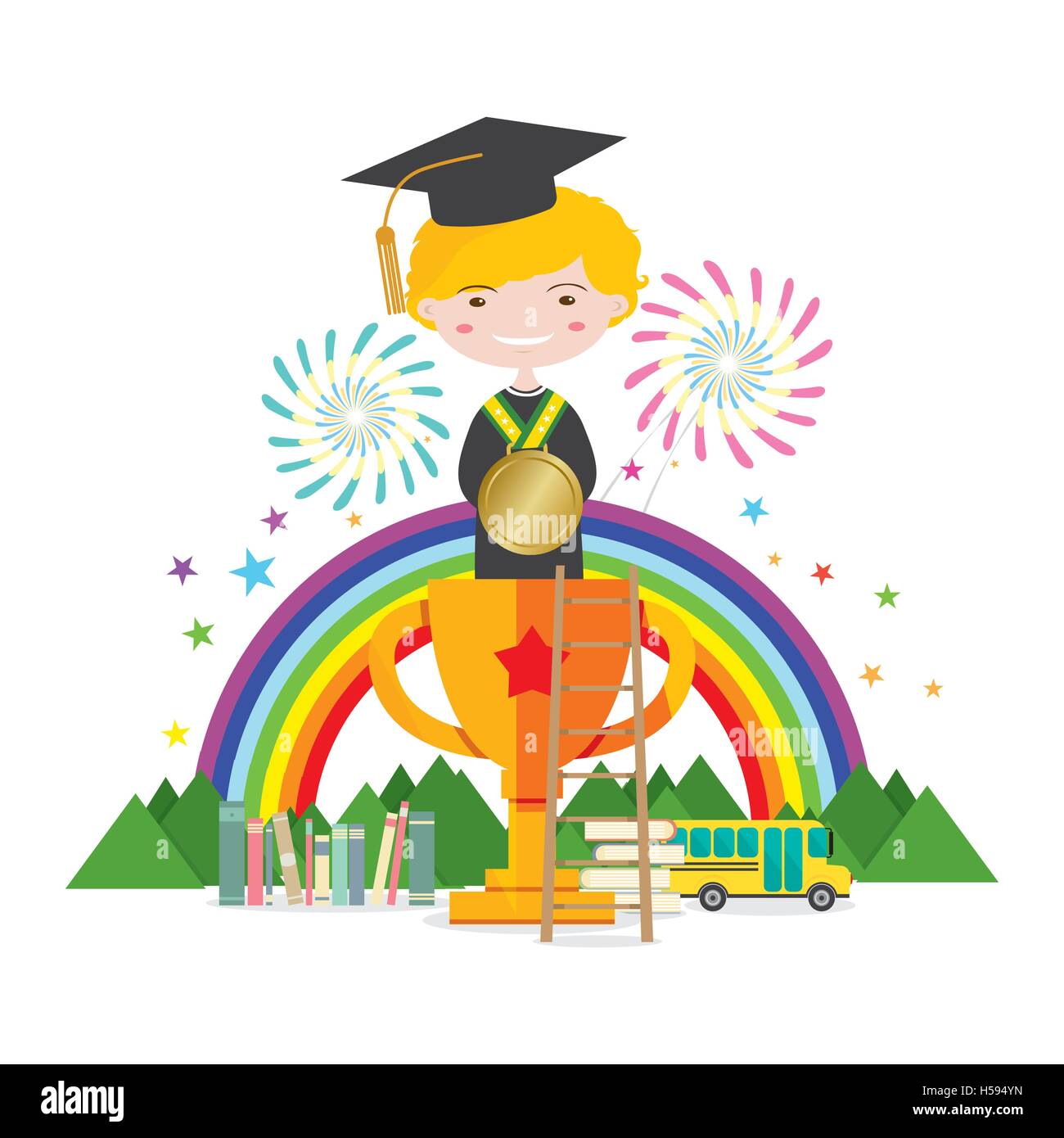 Graduation Student Standing On Golden Trophy Represent To Success ...