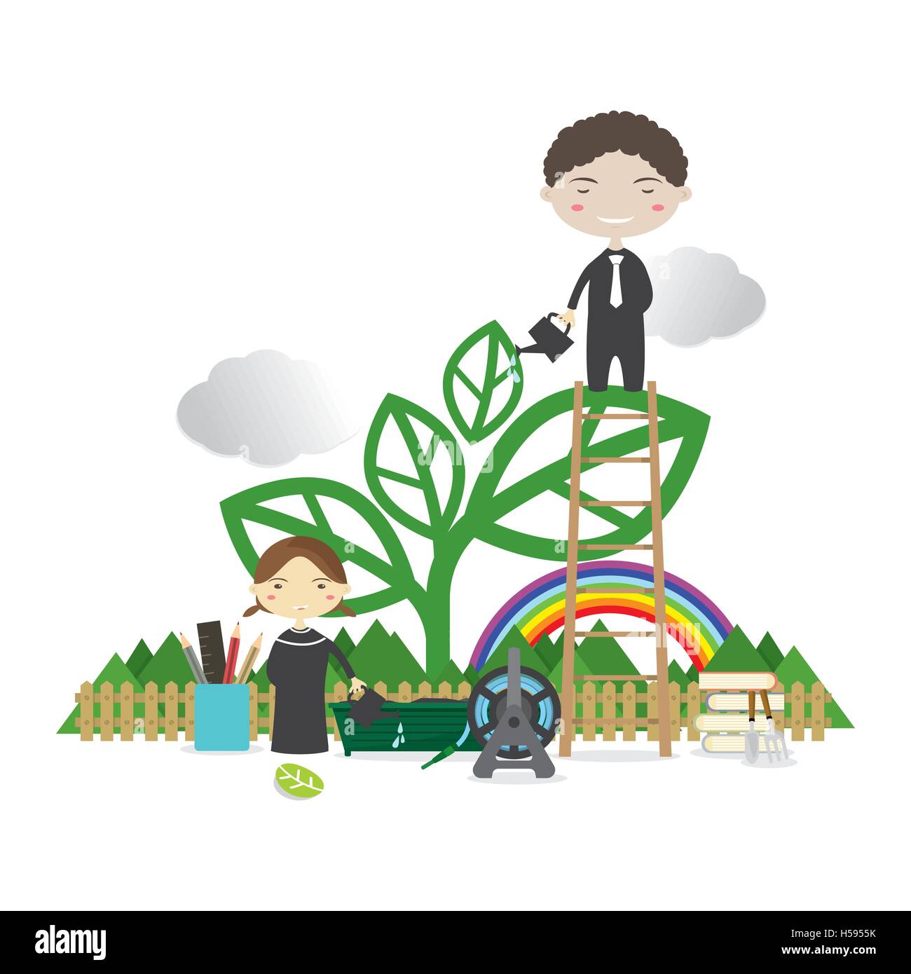 Happy People Grow A Big Tree Green Concept Vector Illustration Stock ...