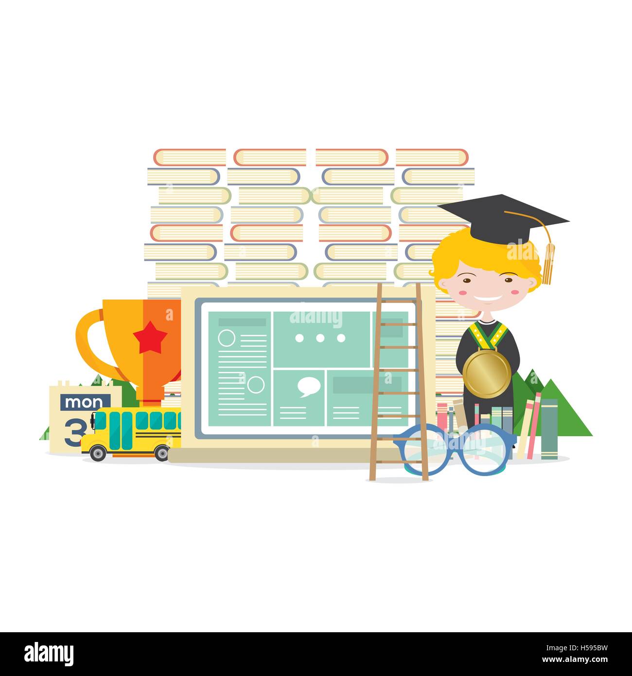 Happy Student With Books, Trophy And Ladder Represent Education Concept ...