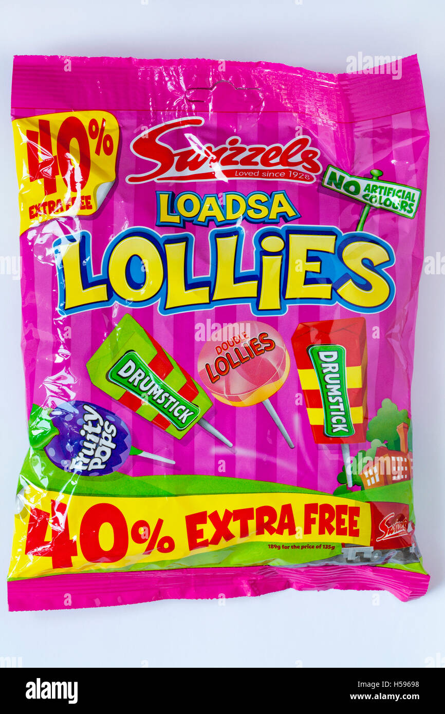 Bag of Swizzels loadsa lollies with 40% extra free isolated on white ...