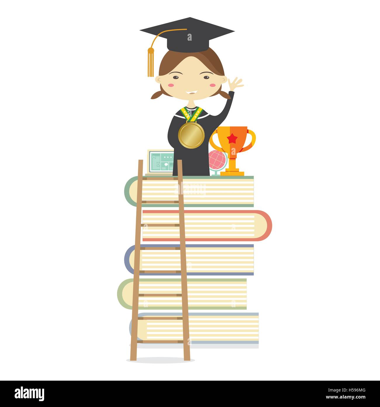 Happy Girl In Graduation Suit Standing On The Highest Book Staircase ...