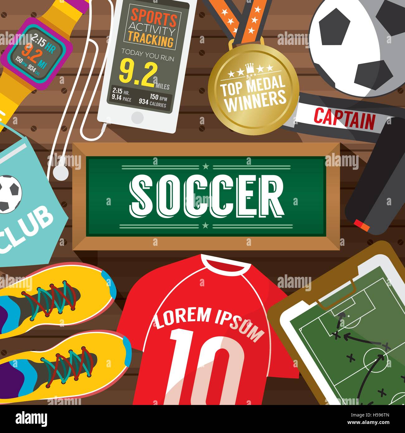 Top View Football Player Gears On Wooden Plank Vector Illustration ...
