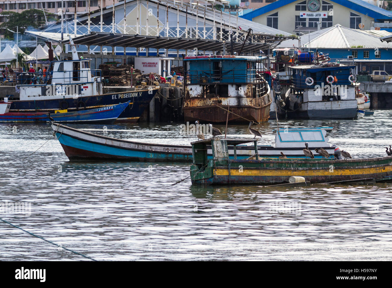 Panama City, Panama- June 08: local fishing vessels in protected cove ...