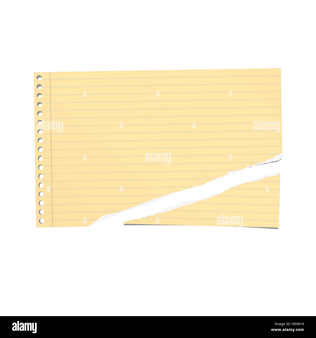 Beige, yellow ripped ruled note, notebook paper on gray background ...