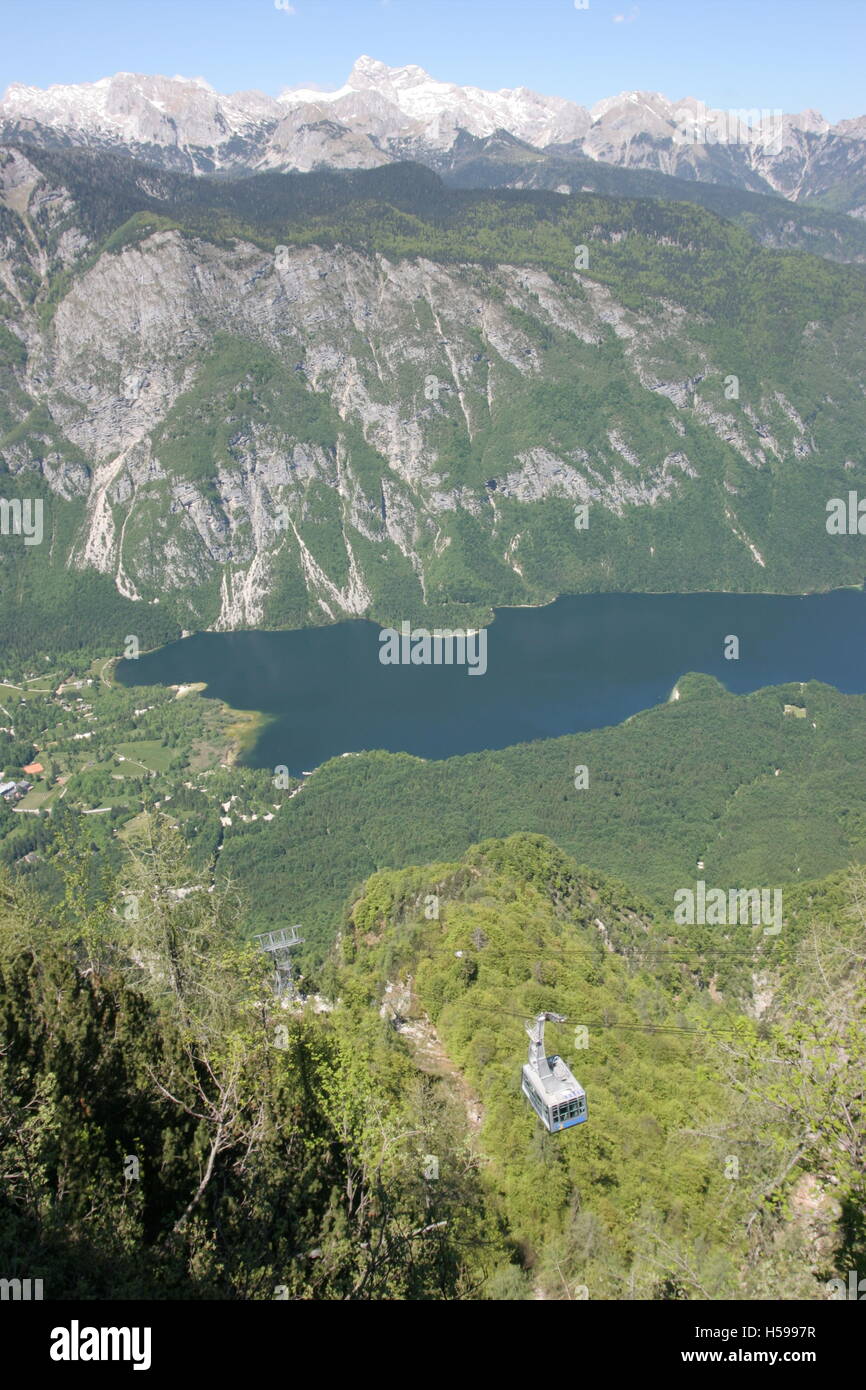 View down to Lake Bohinji from Mount Vogel in Triglav National Park ...