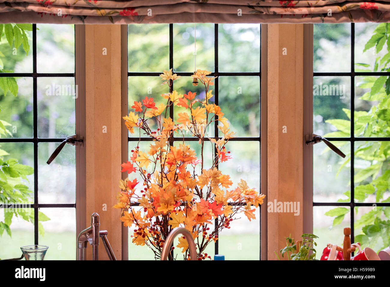 An arrangement of Acer branches and leaves on a cottage kitchen window ...