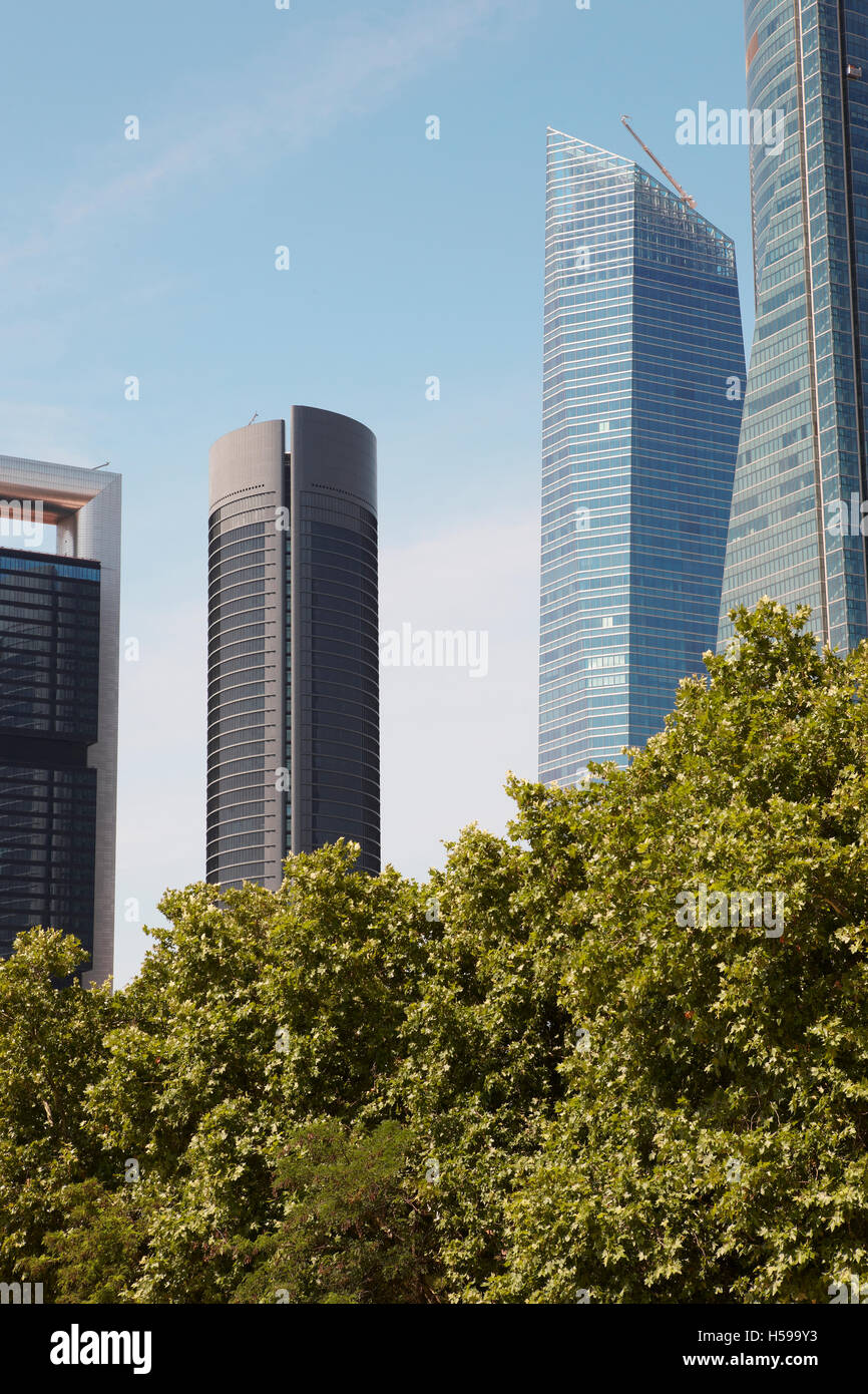 Madrid skyline finance area with four towers buildings. Spain. Vertical ...