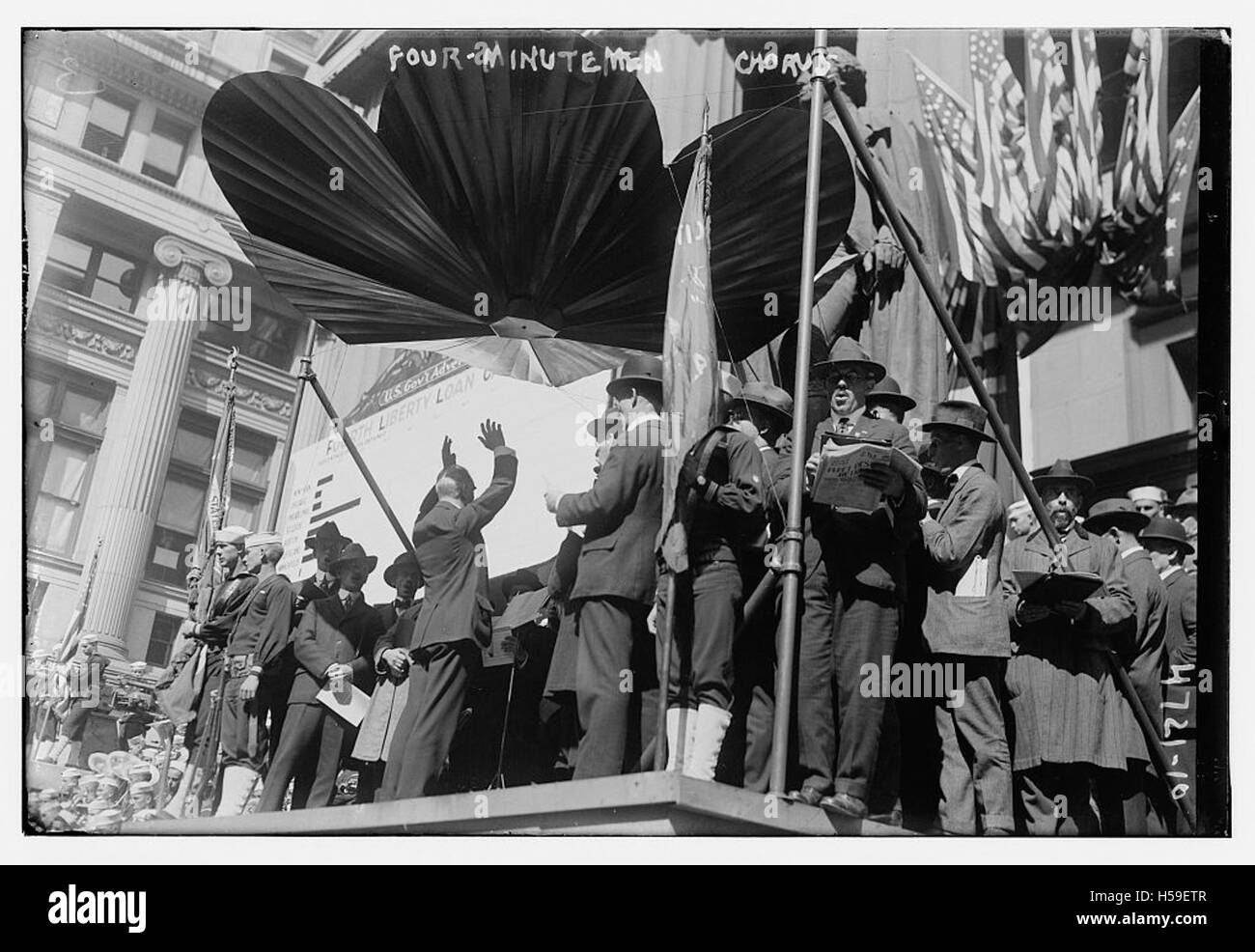 The image depicts four minutemen, members of the colonial militia who ...