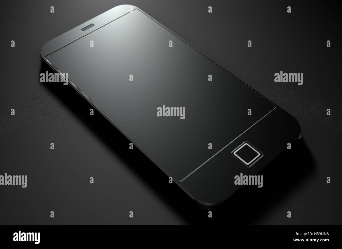 A 3D render of a modern generic smart phone on an isolated dark ...