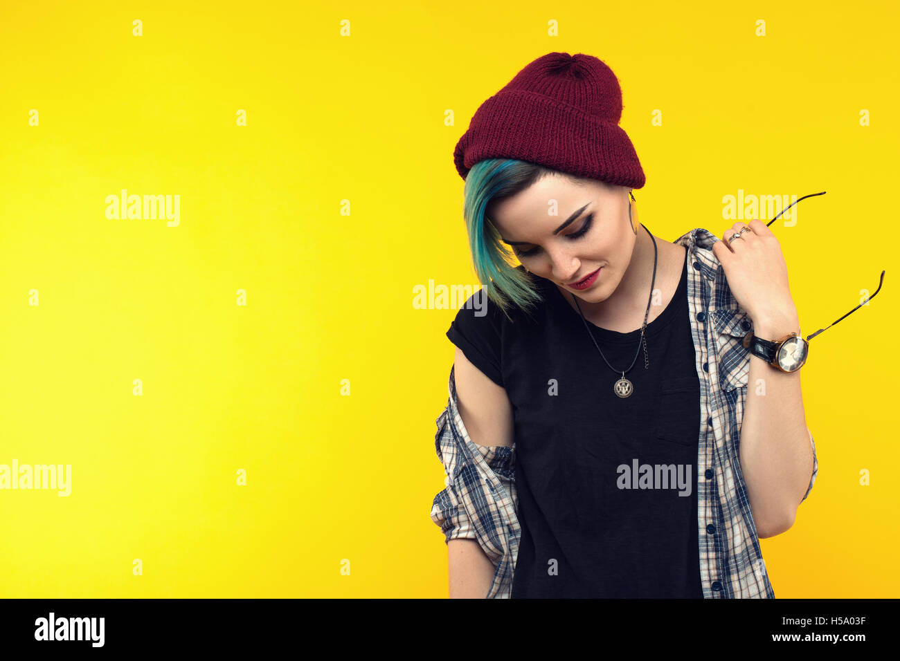 creative person style on yellow background. modern teenager. colour ...