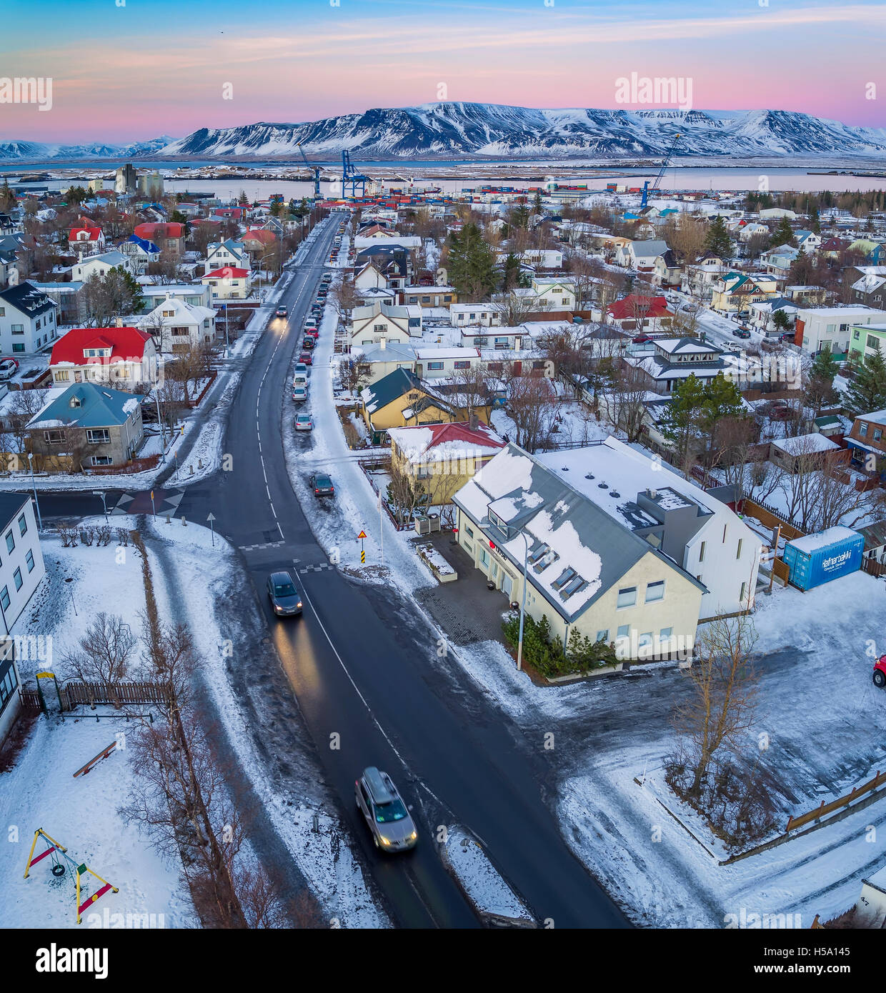 Top view of homes, and roads in the winter, Reykjavik, Iceland. This ...
