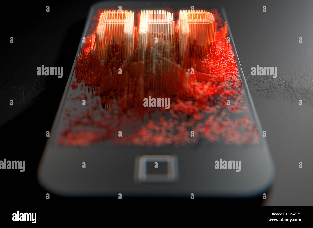A 3D render of a modern generic smart phone screen emanating small ...