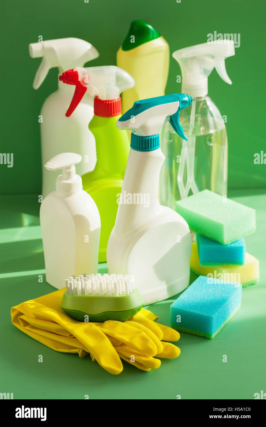 cleaning items household spray brush sponge glove Stock Photo - Alamy