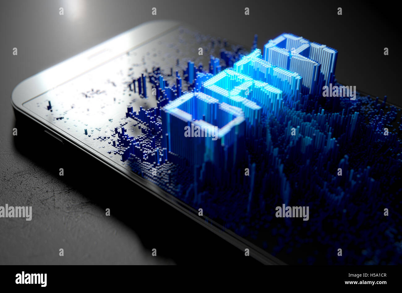 A 3D render of a modern generic smart phone screen emanating small ...