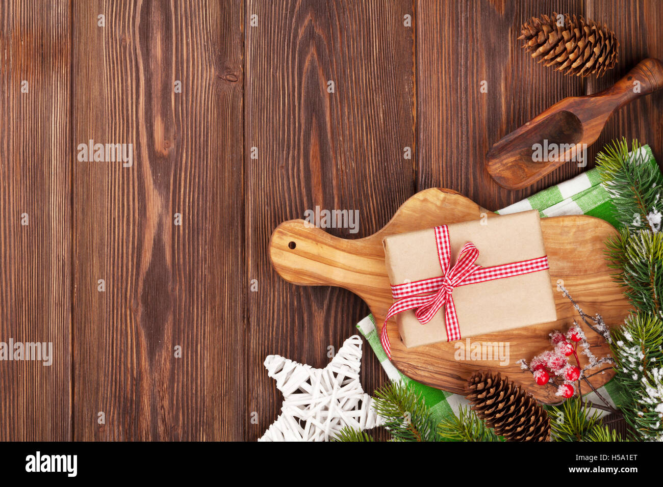 Christmas table food cooking with fir tree and decor. Top view with ...
