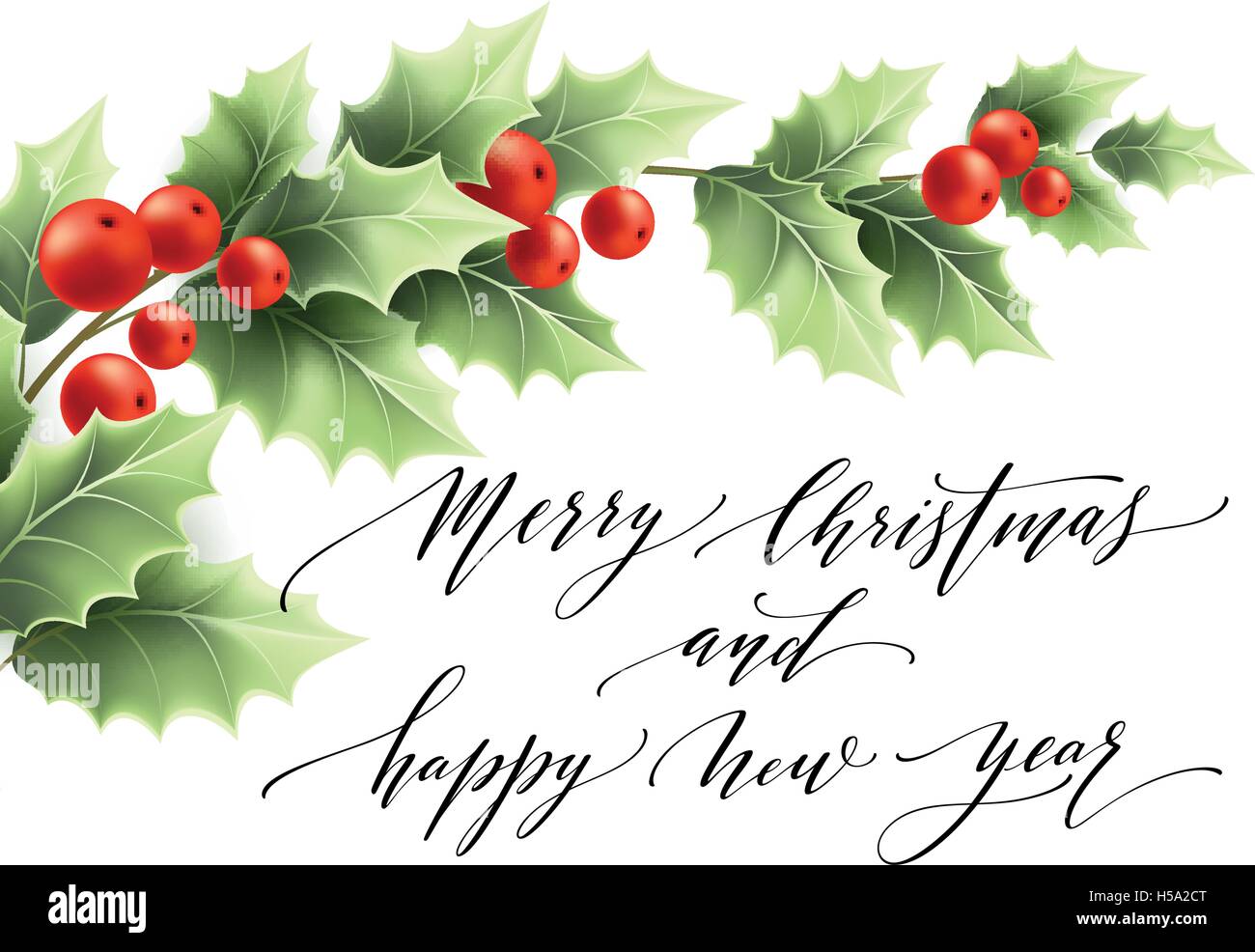 Merry Christmas lettering card with holly. Vector illustration Stock ...