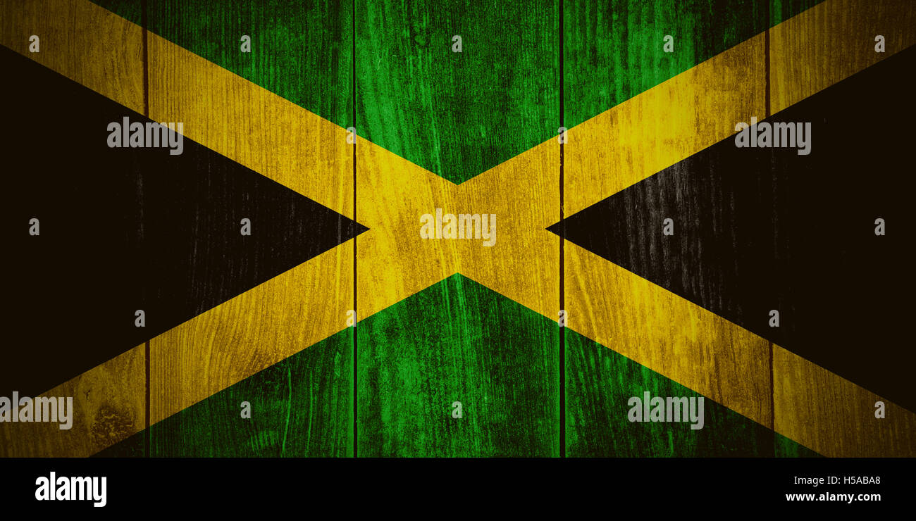 flag of Jamaica or Jamaican banner on wooden background Stock Photo - Alamy