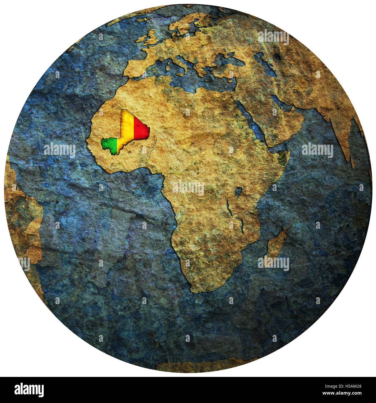 mali territory with flag on map of globe isolated over white Stock ...