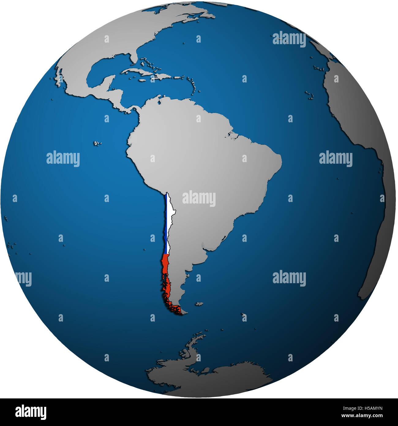 map with flag of chile on isolated over white map of globe Stock Photo ...