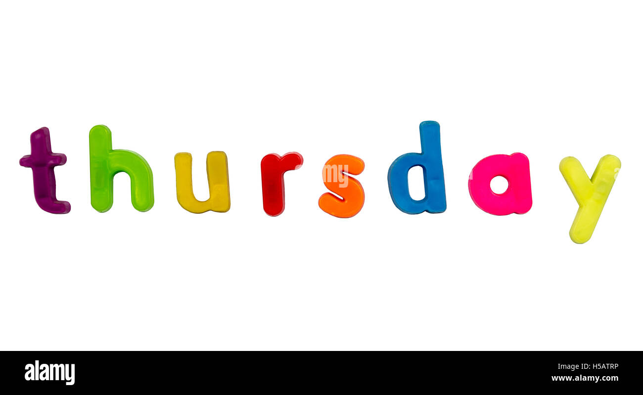 Plastic multicoloured plastic letters with the word Thursday Stock ...