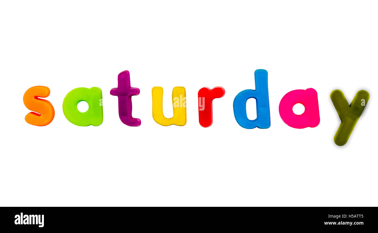 Plastic multicoloured plastic letters with the word Saturday Stock ...