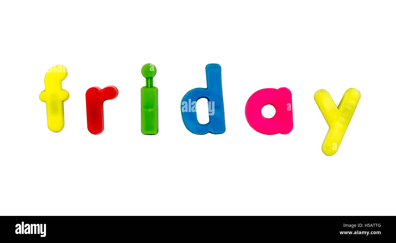 Plastic multicoloured plastic letters with the word Friday Stock Photo ...