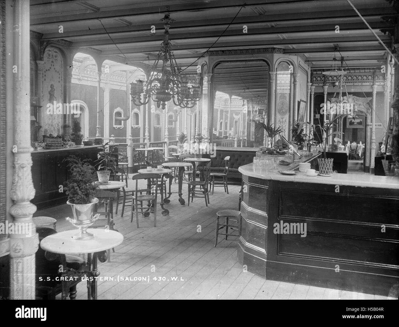 The saloon aboard the S.S. Great Eastern, a ship known for its size and ...