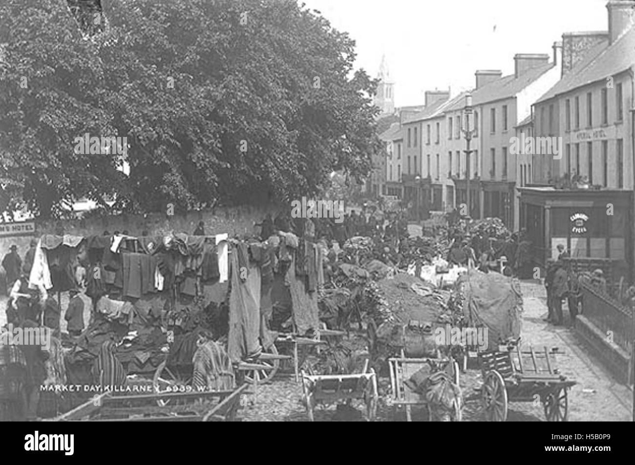 The image captures a bustling market day in Killarney, Ireland. Market ...