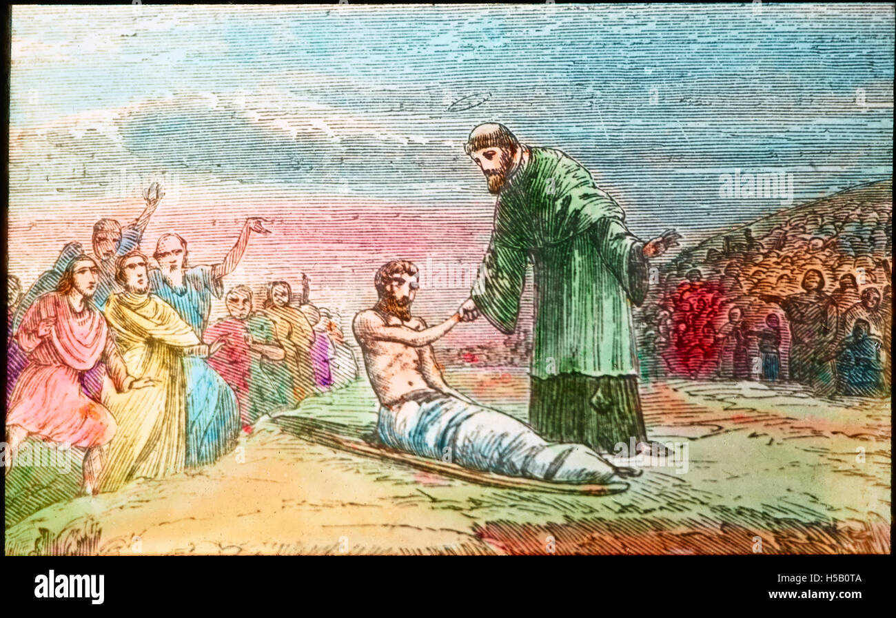 This painting depicts St. Patrick healing a sick man, with a crowd ...
