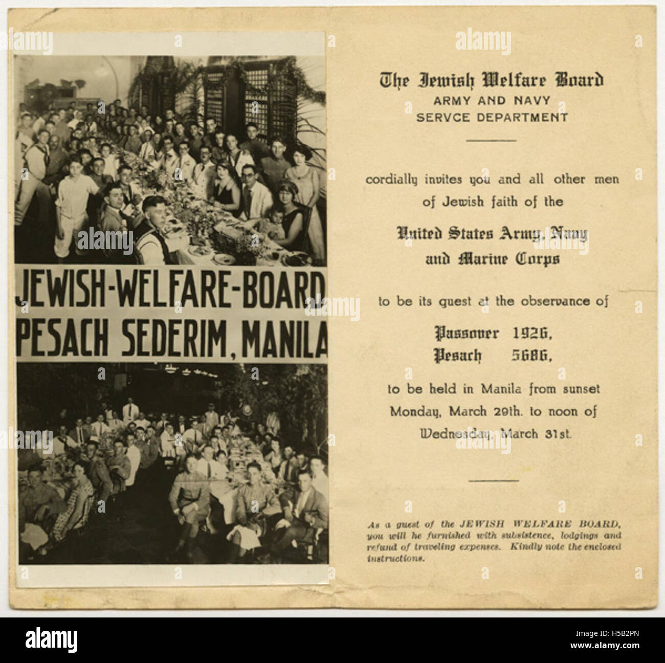 An invitation to the J.W.B. (Jewish Welfare Board) Passover Seder held ...
