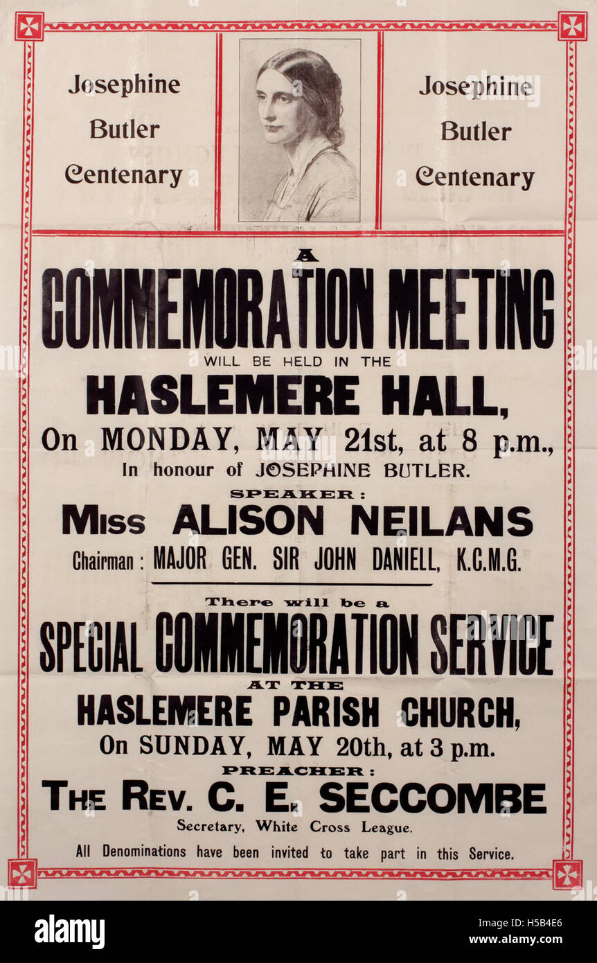 This poster commemorates the centenary of Josephine Butler, a ...