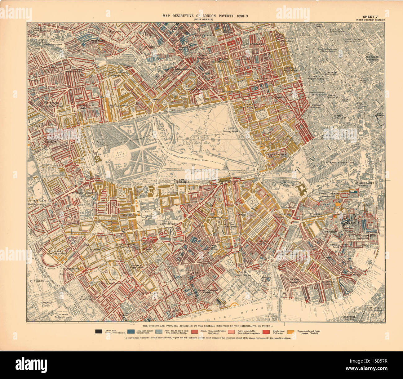 This printed map from 1898-1899 depicts the poverty-stricken areas of ...