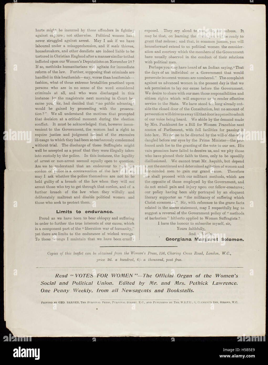 A letter sent by Mrs. Saul Solomon in 1911 during the Black Friday ...