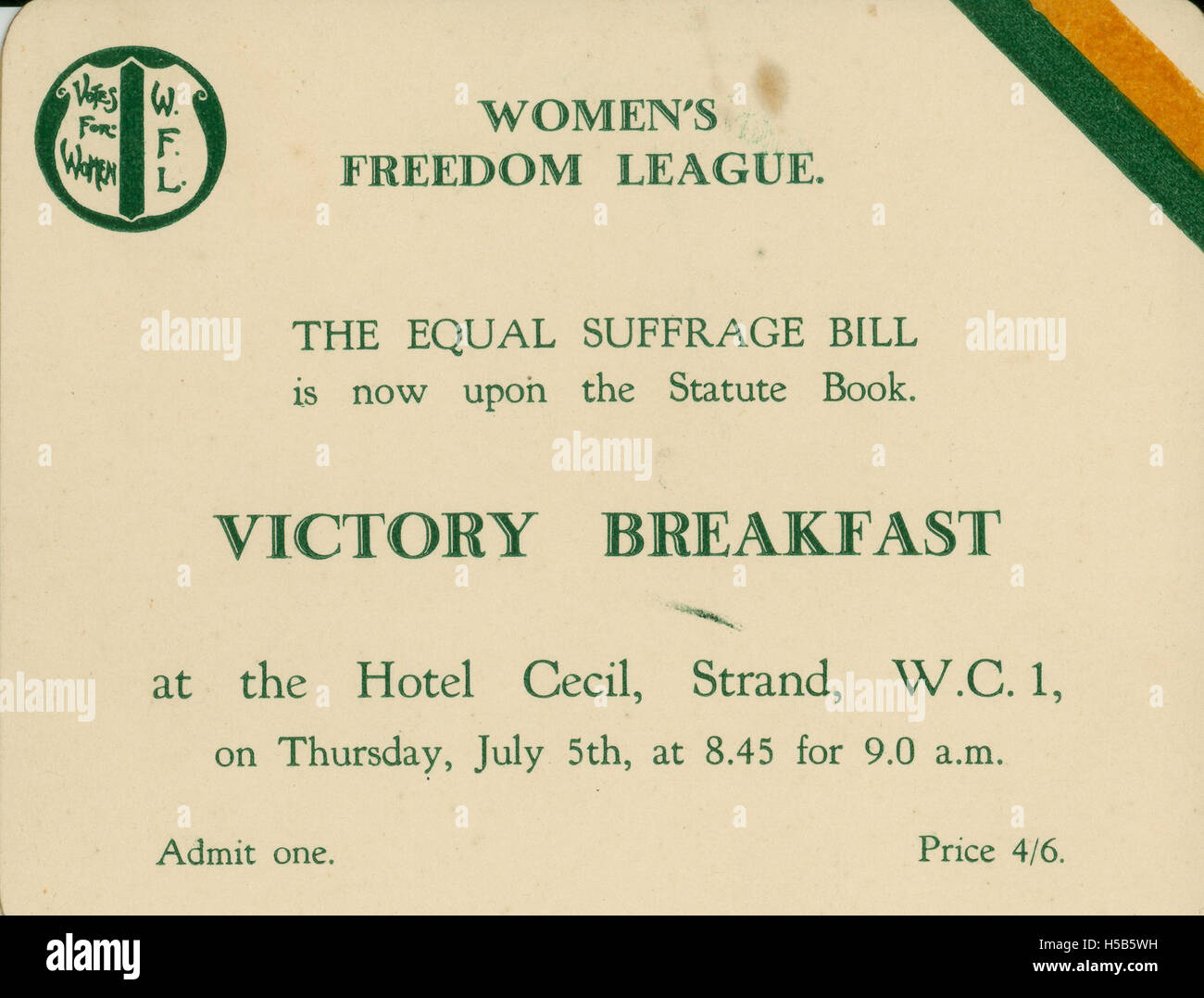 A ticket for the Victory Breakfast held on 5 July 1928, likely ...