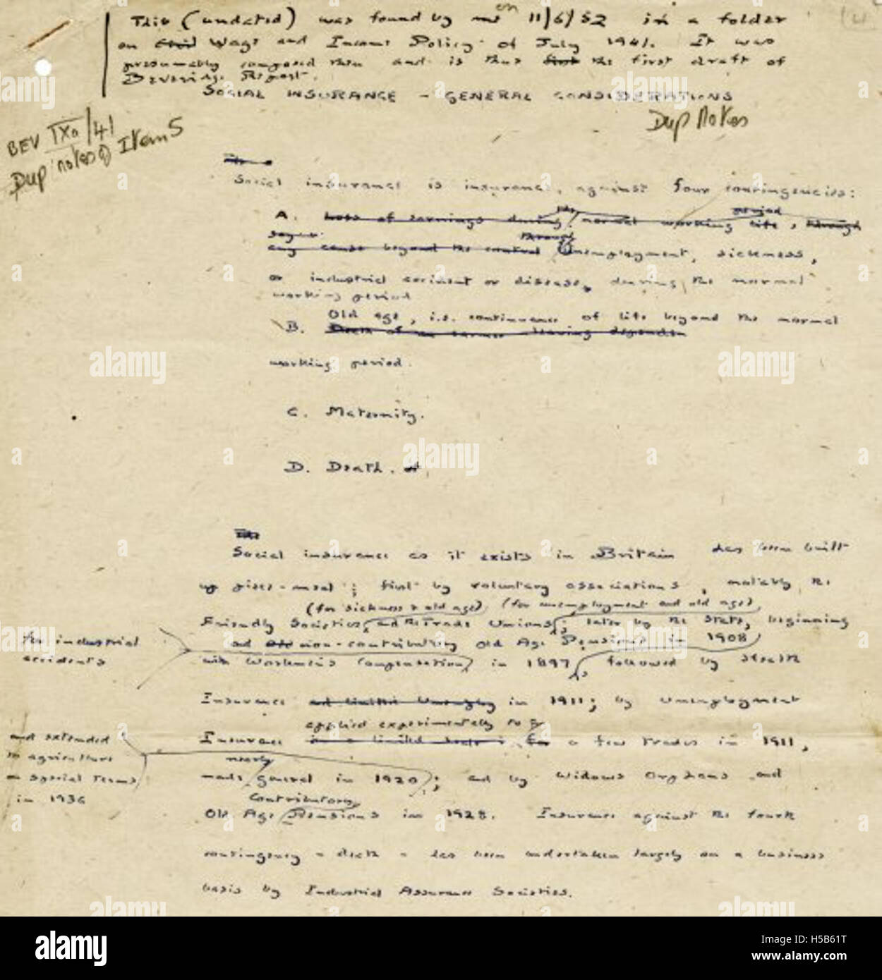 The first draft of the Beveridge Report from 1941, which laid the ...