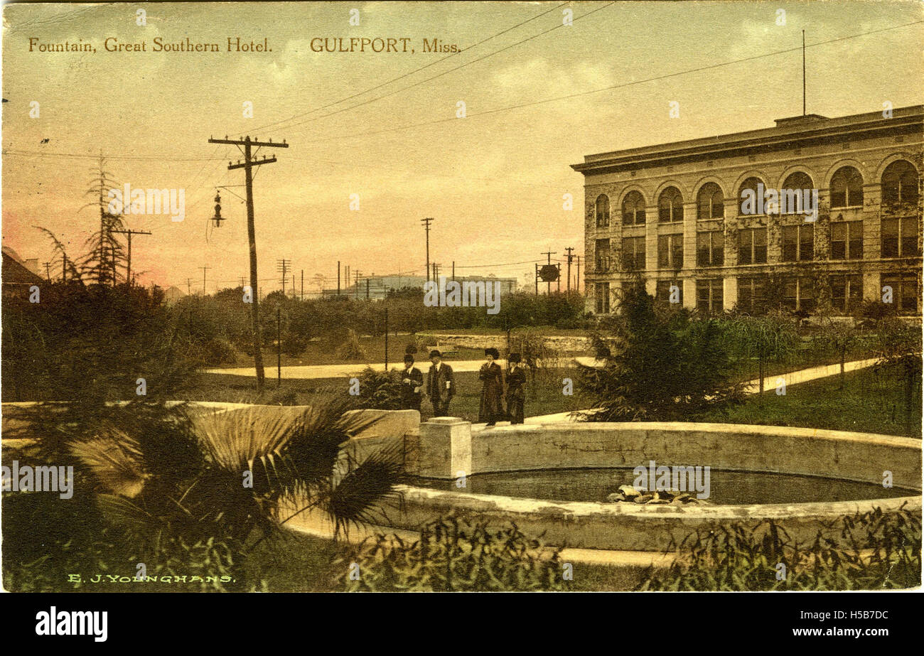 The image shows the fountain and gardens of the Great Southern Hotel in ...
