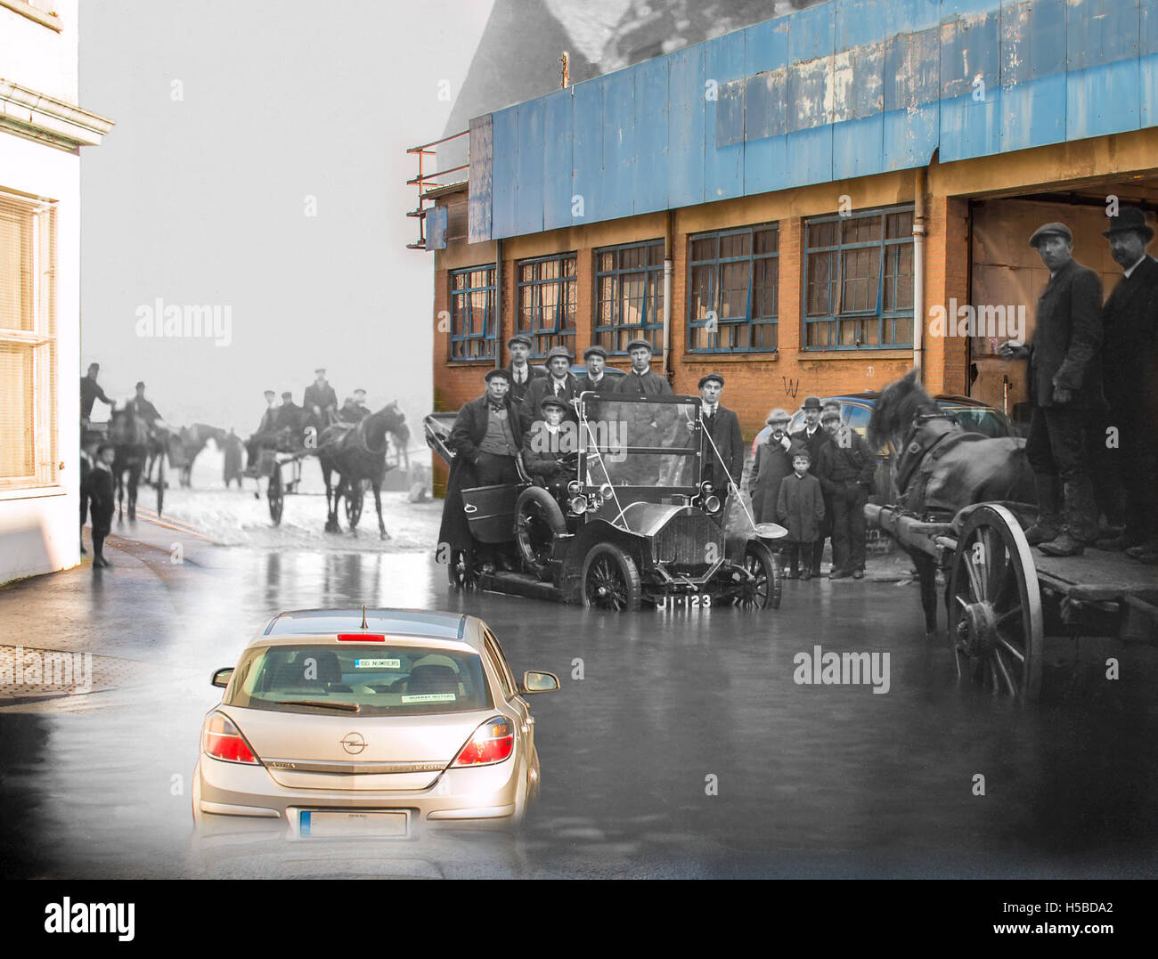 A photograph depicting the Strabane flood, where a motor vehicle is ...